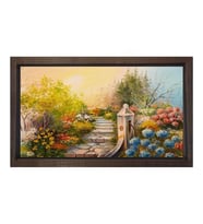 Renkli Çiçekler Merdiven Tablosu Kahverengi Ahşap Çerçeve-45x30
