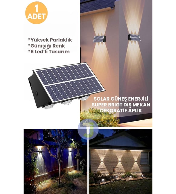 Aplik Sarı Işık Led Solar 1 Adet 6 Ledli Güneş Enerjili Bahçe Aydınlatması