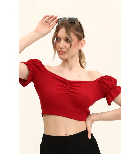 KİM Kİ O Kadın Kol Omuz Ve Önü Büzgülü Örme Crop Top KKO-000-1254