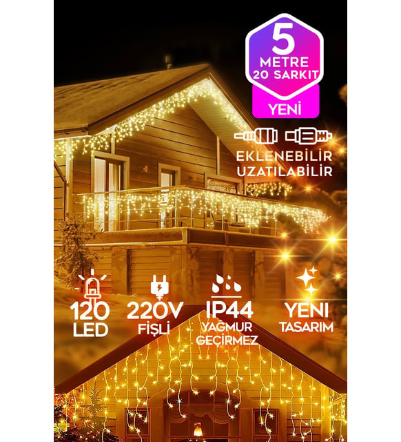Sarı Led Işık Sarkıt 5 Metre 120 Led Saçak Iç & Dış Dekor Süsleme 220v ...