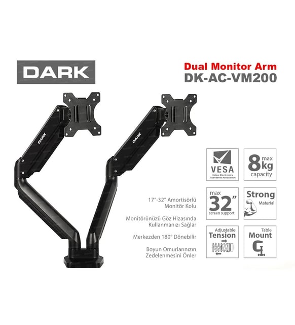 DARK 17/32 DK-AC-VM200 Hareketli Siyah 2 kollu dikey Monitör Askı Aparatı
