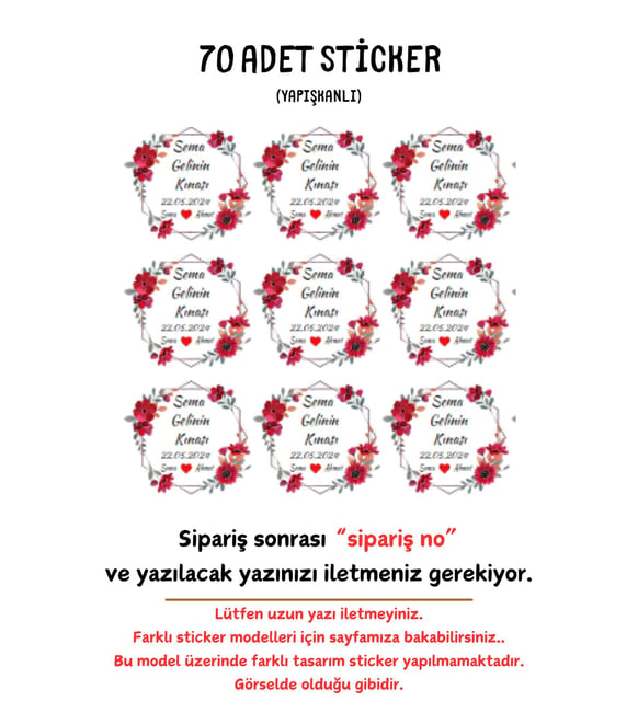 70 Adet Kişiye Özel Sticker - Kına Sticker - Nikah Sticker Kırmızı ...