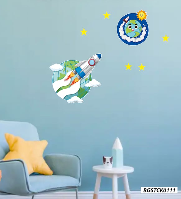 Bizerk Görsel Gezegen Roket Güneş Dünya Yıldız Çocuk/bebek Odası Kreş ...