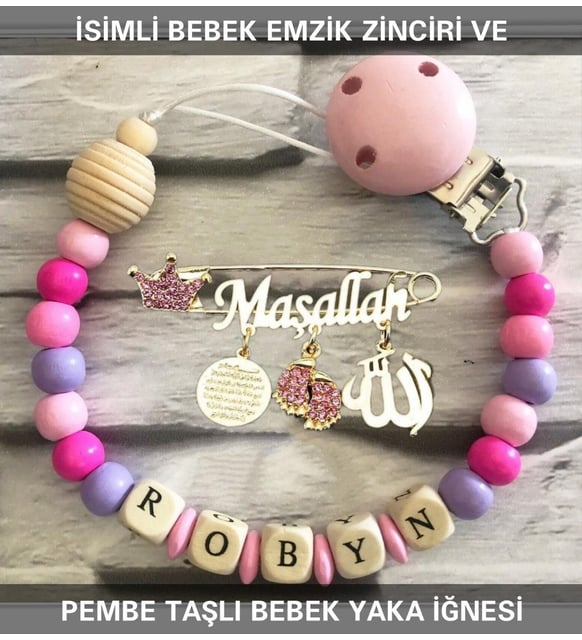 İsimli Bebek Emzik Zinciri ve Pembe Taşlı Bebek Yaka İğnesi