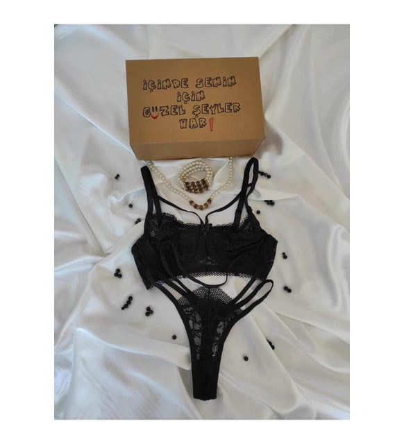 Dantetrend Siyah Dantel İşlemeli Kadın İkili İç Çamaşır Takımı Lingerie 01