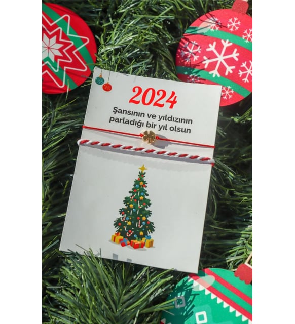 2024 Yılbaşı Bilekliği Yenil Yıl Hediyesi Yonca Kırmızı Ipli Şans ...