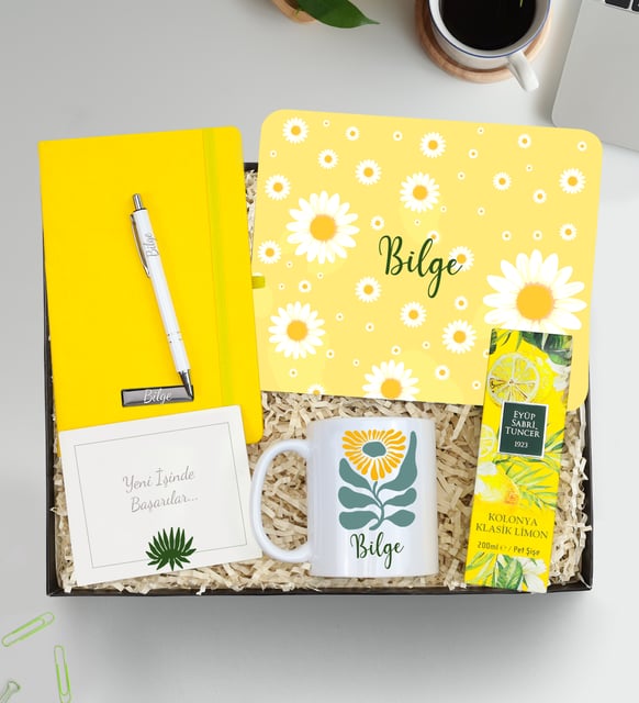 Kişiye Özel Mouse Pad & Sarı Defter & Gümüş Renk Detaylı Beyaz Tükenmez ...