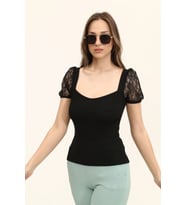 KİM Kİ O Kadın Siyah Oval Yaka Kollar Dantel Örme Bluz KKO-00-1546