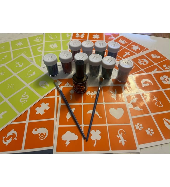 Simli Dövme Glitter Tattoo Kit 10 tüp Sim 100 şablon hediyeli Mega Paket