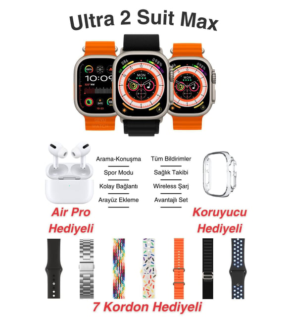 HX Ultra 2 Suit Max Akıllı Saat Bluetooth Kulaklık ve 7 Kordon Hediyeli ...