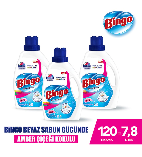 Bingo Sıvı Performans Çamaşır Deterjanı Amber Çiçeği 2600 ml 3lü