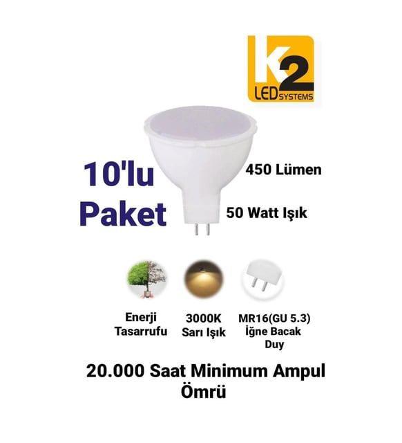 K2 5W - 50W MR16 Led Ampul Sarı Işık 450 Lümen GU 5.3 Led Ampul Spot ...