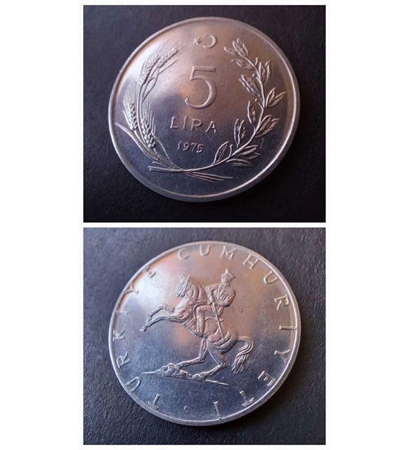5 Lira 1975 akmonital eski tc madeni para