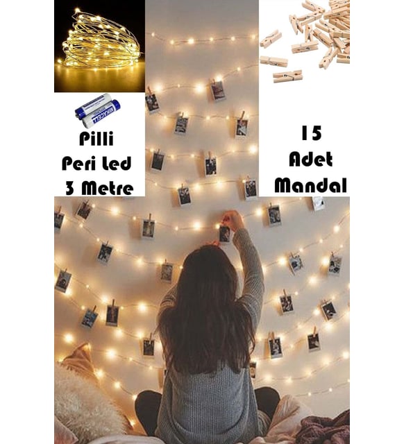 Peri Led Işık Piller Dahil 3 metre Gün Işığı 30 Ledli +15 Adet Mini Mandal