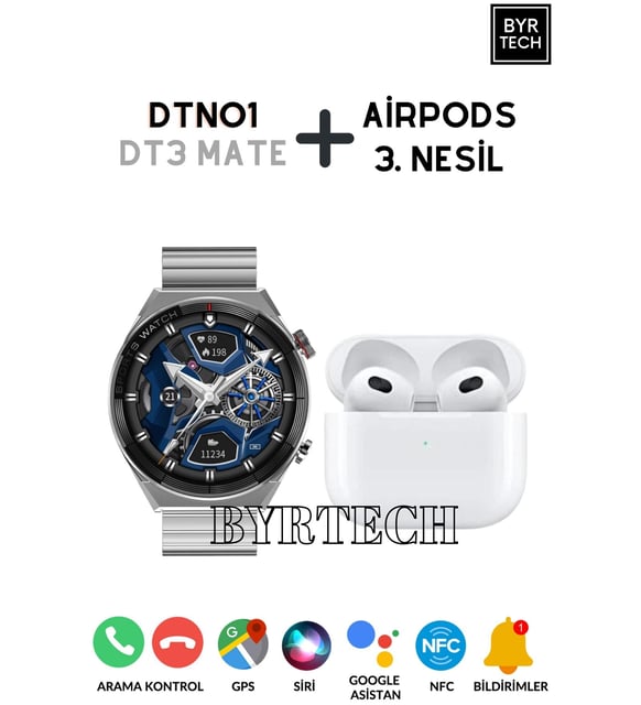 DTNO1 Smartwatch DT3 Mate Akıllı Saat + Airpods 3. Nesil Supercopy ...
