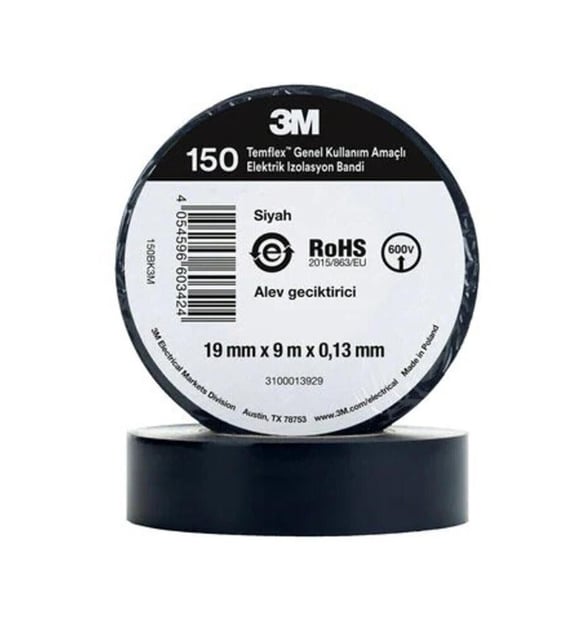 3M Temflex 1300e Siyah Pvc Izole Bant 0.13x19x0.1m Izole Elektrik Bandı ...