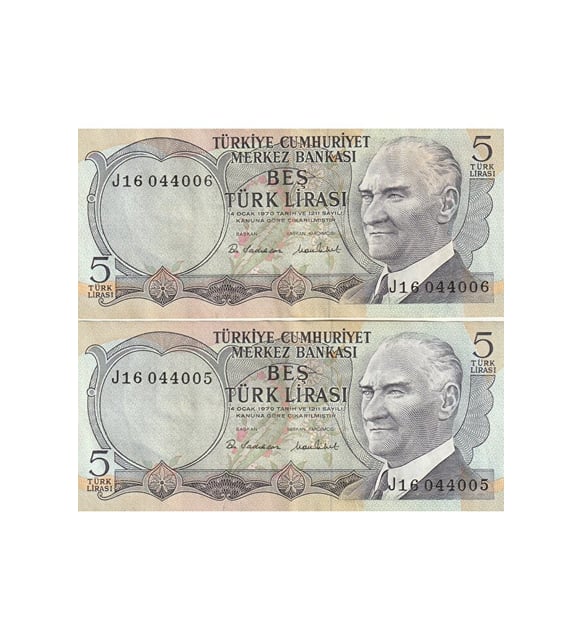 6. Emisyon 5 Türk Lirası çt/ççt (seri takipli / 044005-044006) Eski ...