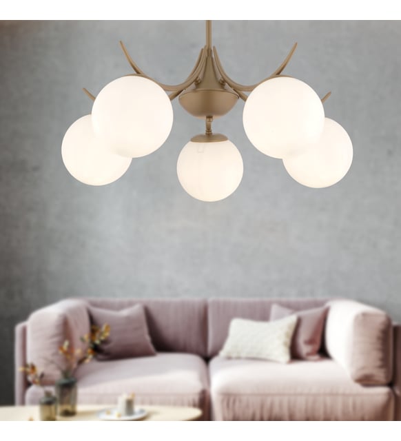 Germaine 5'li Yuvarlak Eskitme Beyaz Camlı Modern Oturma Odası Salon Avize