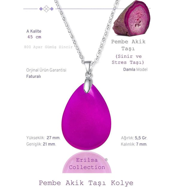 Sertifikalı Damla Model Pembe Akik Taşı Kolye (GÜMÜŞ APARATLI)