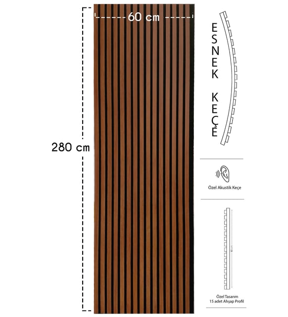 Mdf Ahşap Akustik Duvar Kaplama Paneli 60x280 Cm Teak